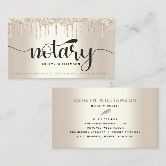 Notary Loan Signing Agent Gold Glitter Drip Script Business Card | Zazzle
