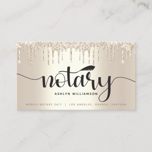 Notary Loan Signing Agent Gold Glitter Drip Script Business Card | Zazzle
