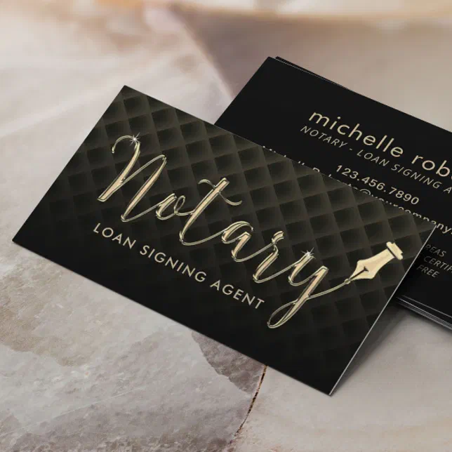Notary Loan Signing Agent Gold Pen 3D Script Lux Business Card | Zazzle