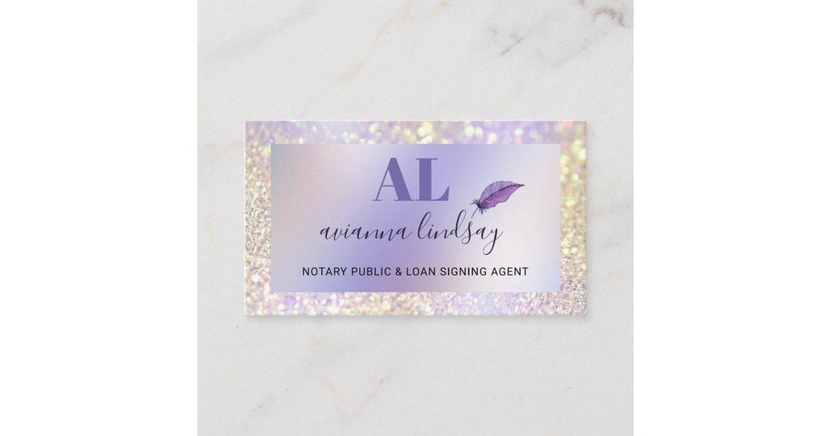 Notary Loan Signing Agent Monogram Purple Glitter Business Card | Zazzle