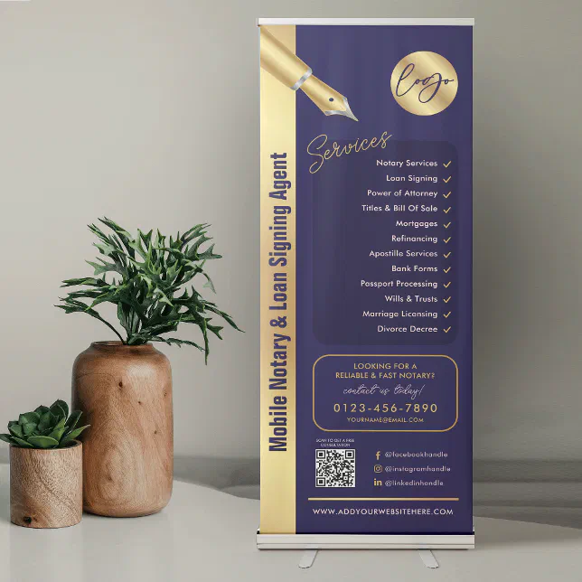 Notary Loan Signing Agent Navy & Gold Marketing Retractable Banner | Zazzle