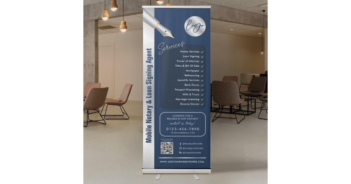Notary Loan Signing Agent Navy & Silver Marketing Retractable Banner ...