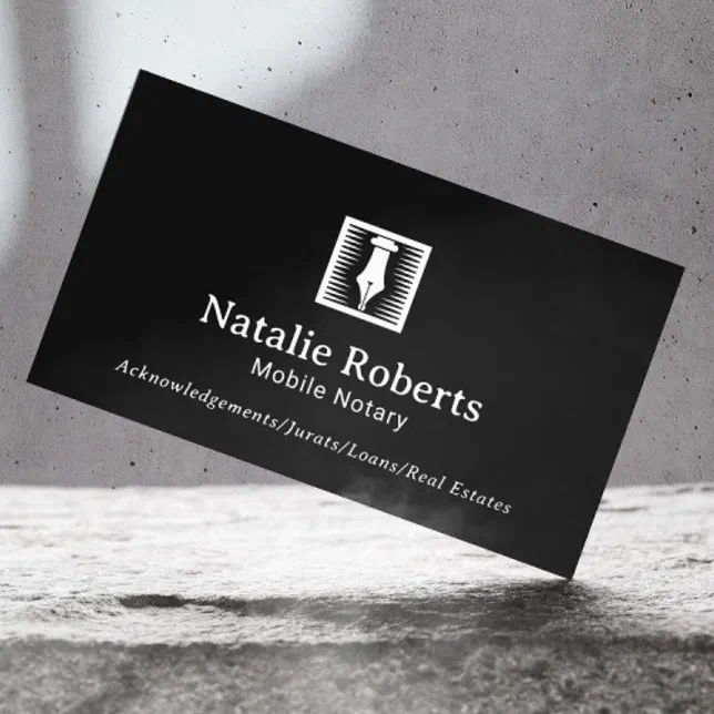 Notary Loan Signing Agent Pen Nib Logo Plain Black Business Card | Zazzle