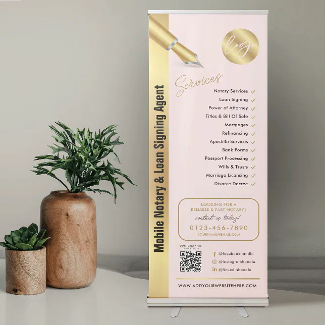 Notary Loan Signing Agent Pink & Gold Trade Show Retractable Banner ...