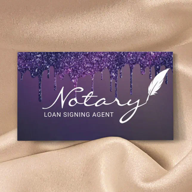 Notary Loan Signing Agent Purple Glitter Drips Business Card | Zazzle