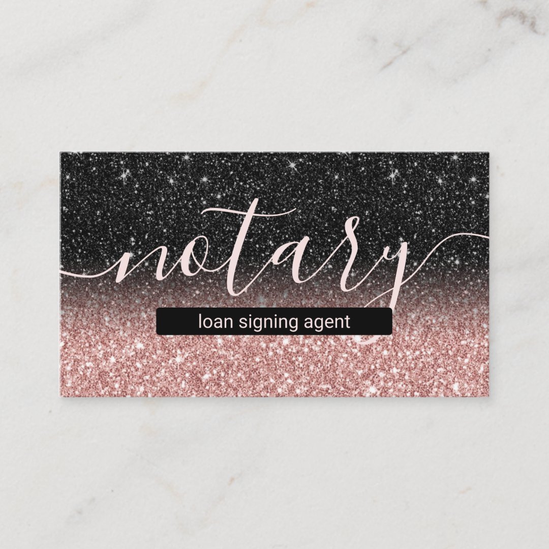 Notary Loan Signing Agent Rose Gold Black Glitter Business Card | Zazzle