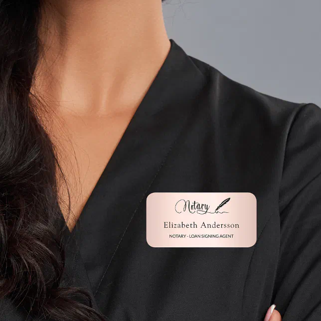Notary loan signing agent rose gold script name tag | Zazzle
