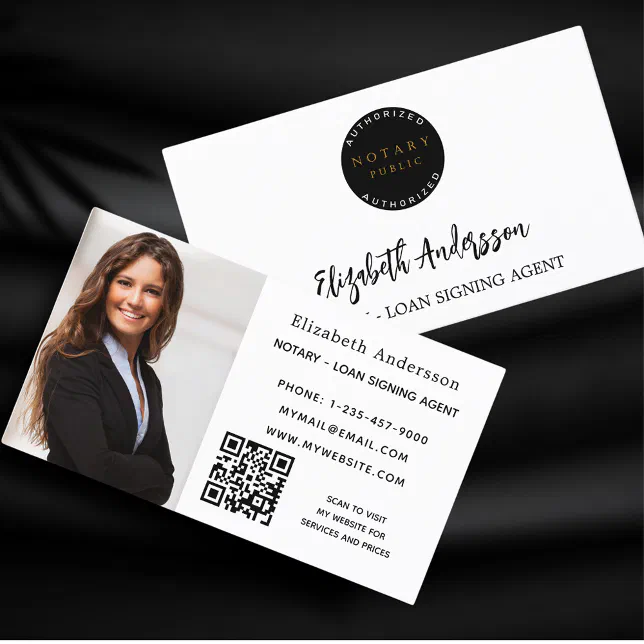 Notary loan signing agent white photo QR logo Business Card | Zazzle