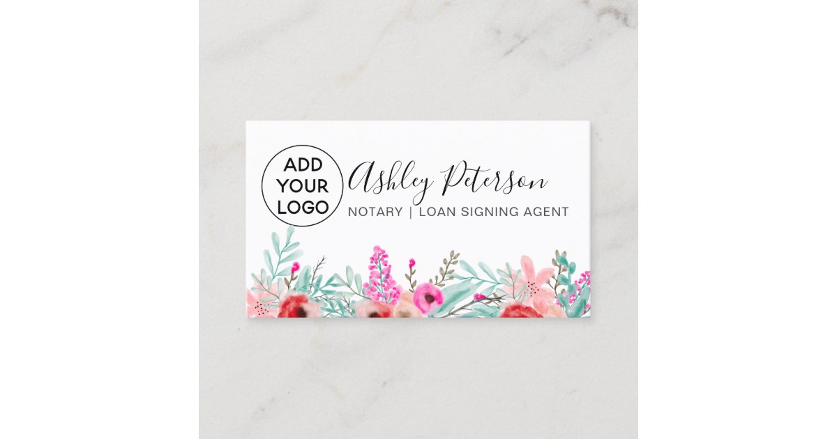 Notary logo Mint pink floral watercolor bouquet Business Card | Zazzle