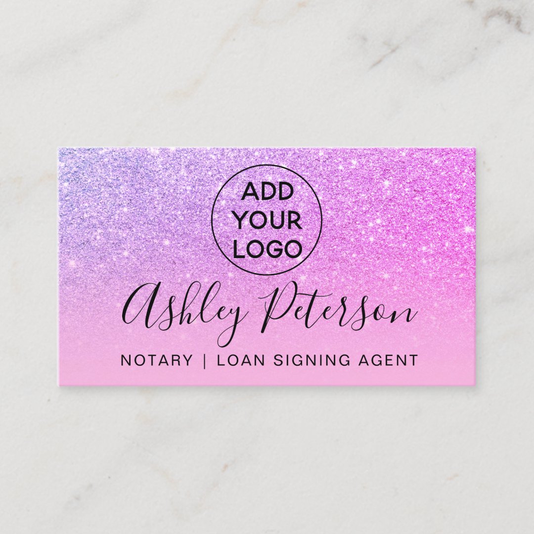 Notary logo typography purple pink glitter business card | Zazzle