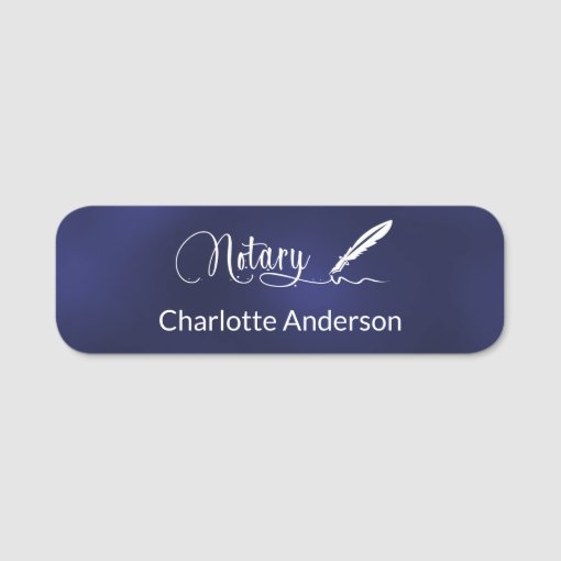 Notary pen script navy blue white elegant name tag | Zazzle