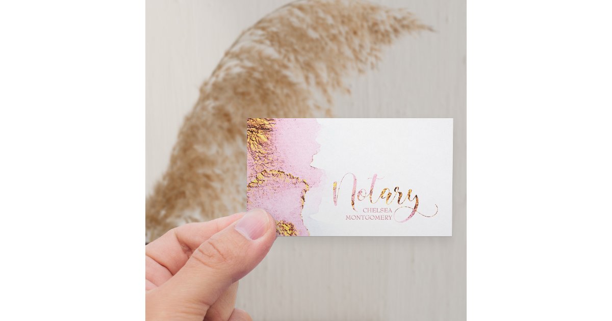 Notary Pink Watercolor and Gold Calligraphy Business Card | Zazzle