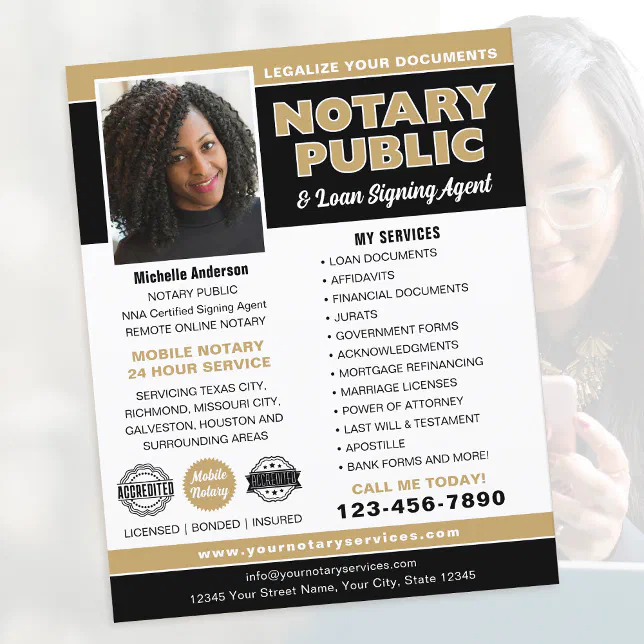 Notary Public Loan Signing Agent Gold Editable Flyer | Zazzle