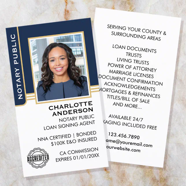 Notary Public Loan Signing Agent ID Blue Gold Business Card | Zazzle