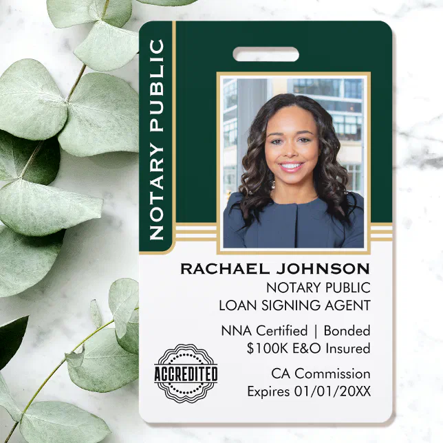 Notary Public Loan Signing Agent ID Green Gold Badge | Zazzle