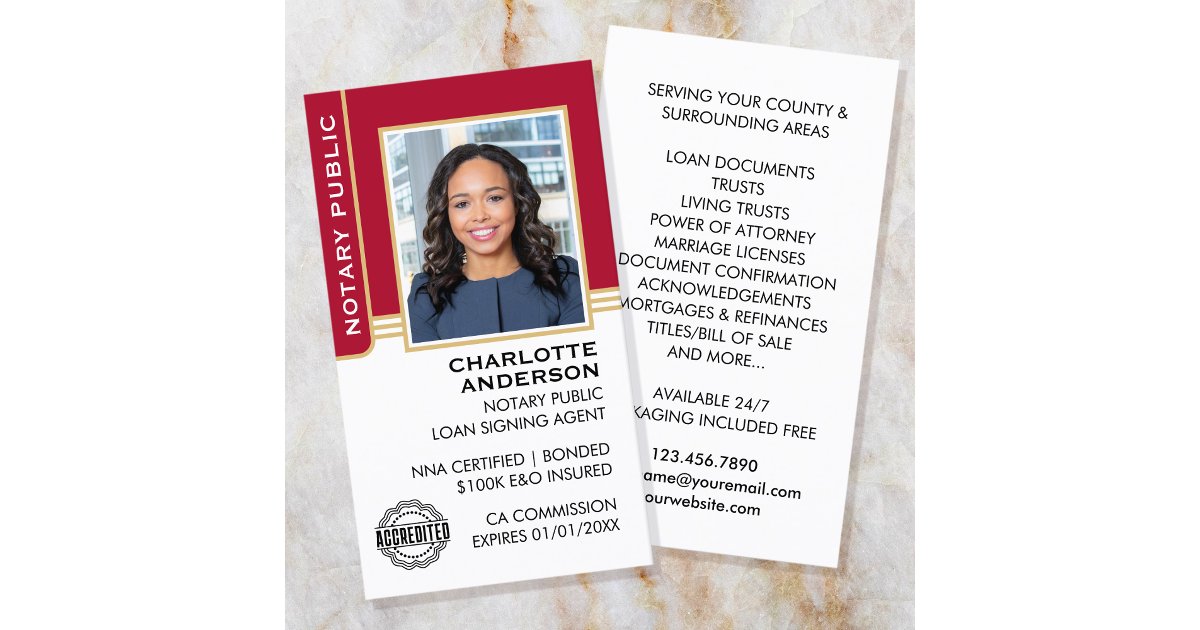 Notary Public Loan Signing Agent ID Red Gold Business Card | Zazzle