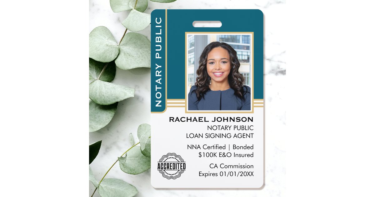 Notary Public Loan Signing Agent ID Teal Gold Badge | Zazzle