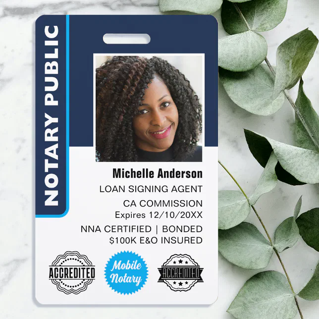 Notary Public Loan Signing Agent Photo ID Navy Badge | Zazzle