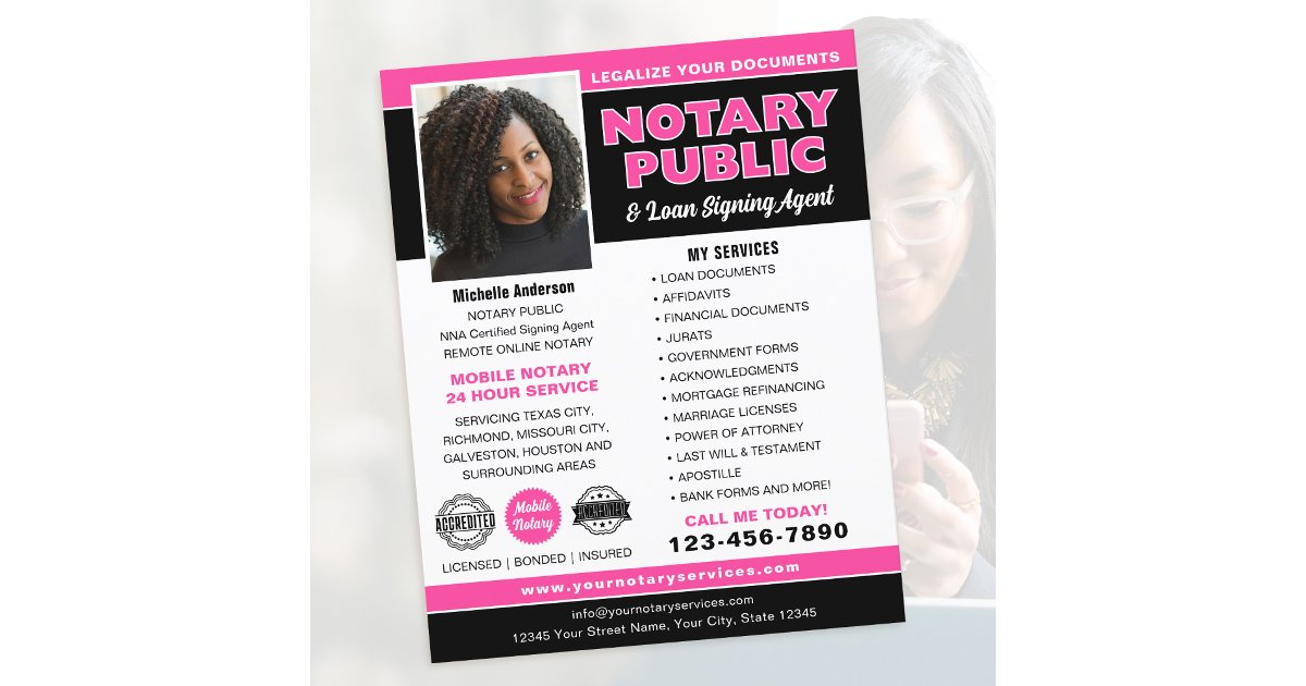 Notary Public Loan Signing Agent Pink Editable Flyer | Zazzle