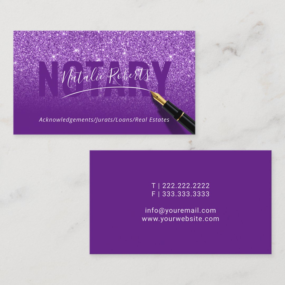 Notary Public Purple Glitter Elegant Signature Business Card | Zazzle