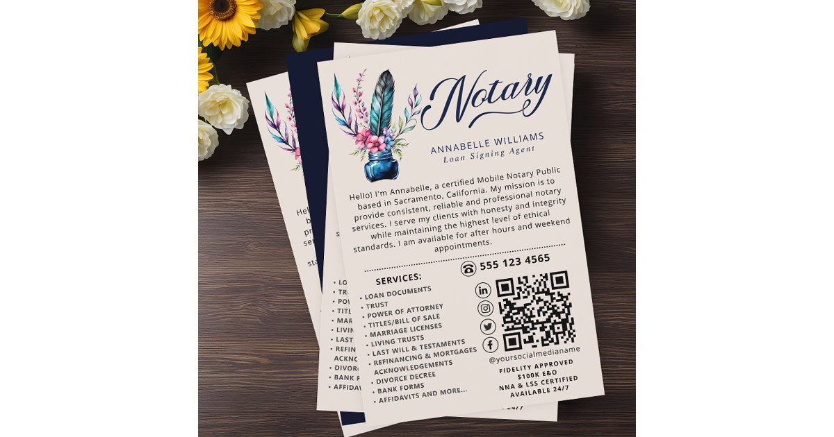 Notary Public Watercolor Quill Feather QR Code Flyer | Zazzle