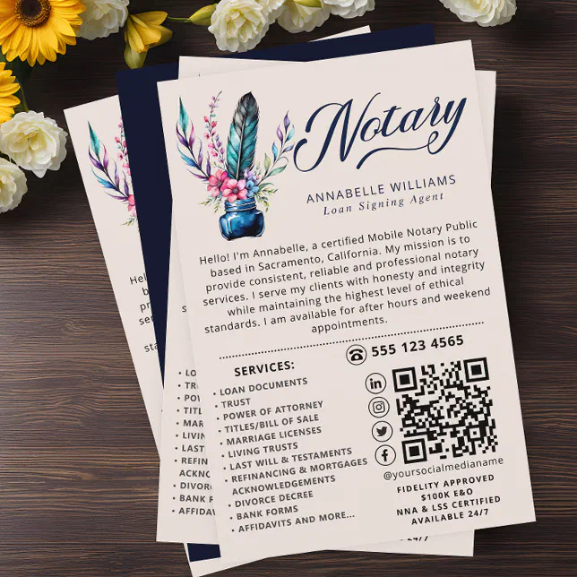 Notary Public Watercolor Quill Feather QR Code Flyer | Zazzle