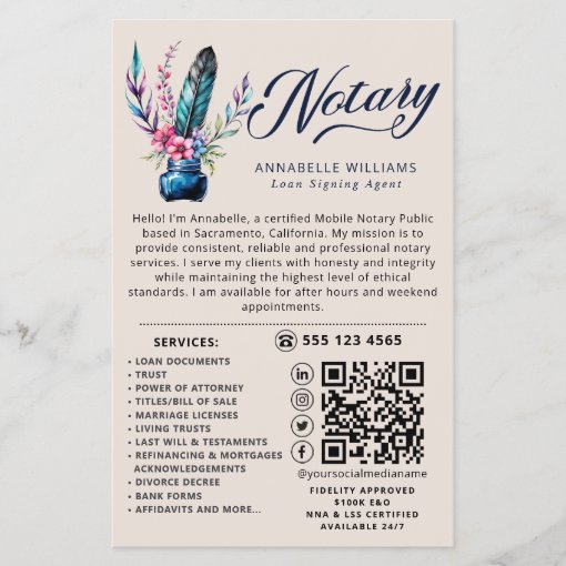 Notary Public Watercolor Quill Feather QR Code Flyer | Zazzle
