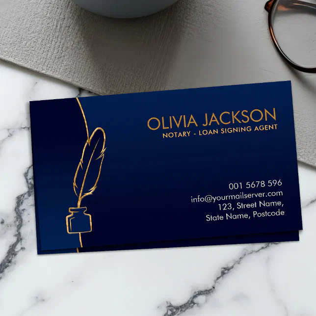 Notary quill pen ink blue and gold business card | Zazzle