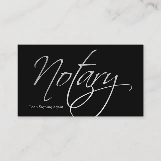 Notary script faux silver typography black business card | Zazzle