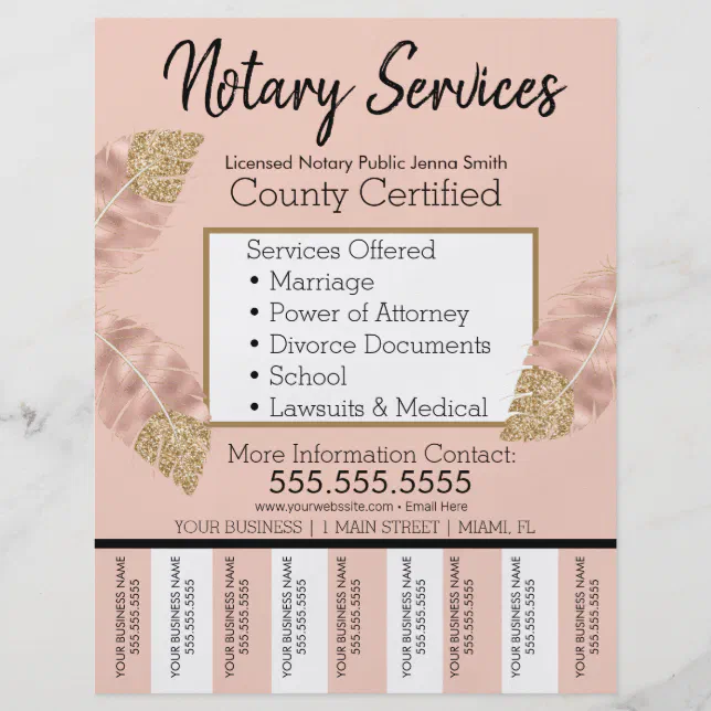 Notary Services Pink Gold Business Tear Off Pink Flyer | Zazzle