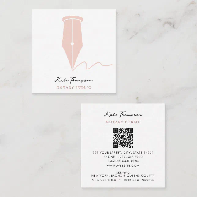 Notary Signing Agent Calligraphy QR Code Pink Square Business Card | Zazzle