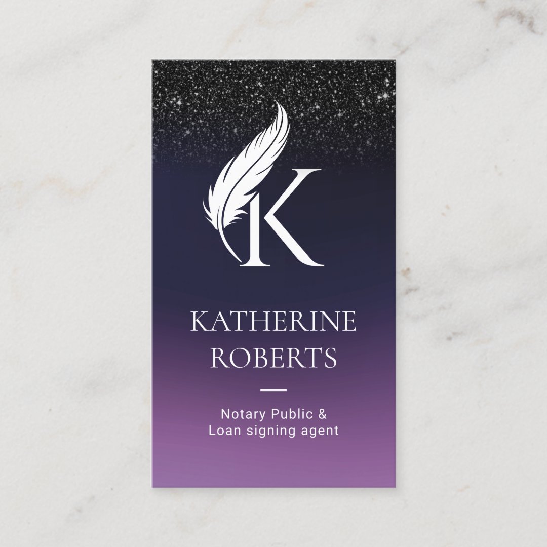 Notary Signing Agent Feather Initial Logo Purple Business Card | Zazzle