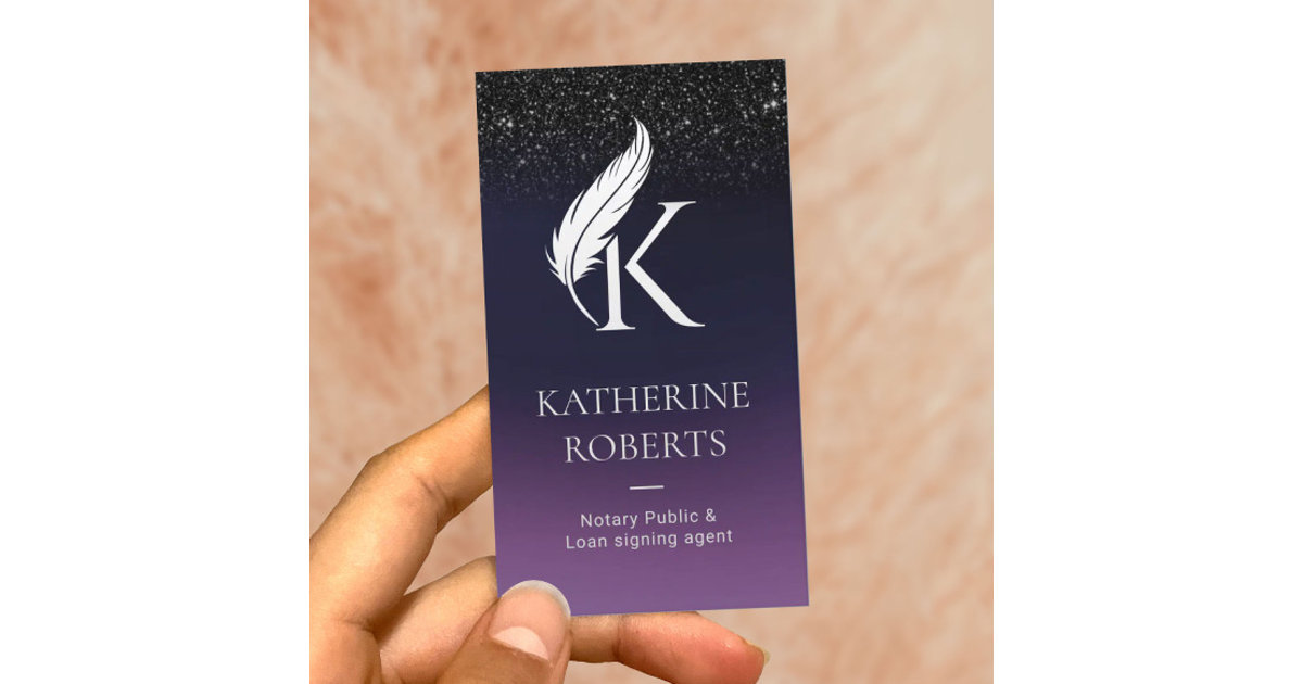 Notary Signing Agent Feather Initial Logo Purple Business Card | Zazzle