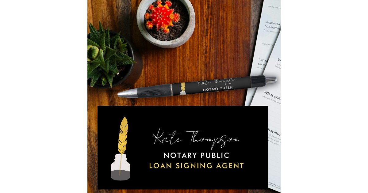 Notary Signing Agent Feather Quill Black Gold Pen | Zazzle