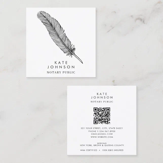 Notary Signing Agent Feather Quill QR Code Square Business Card | Zazzle