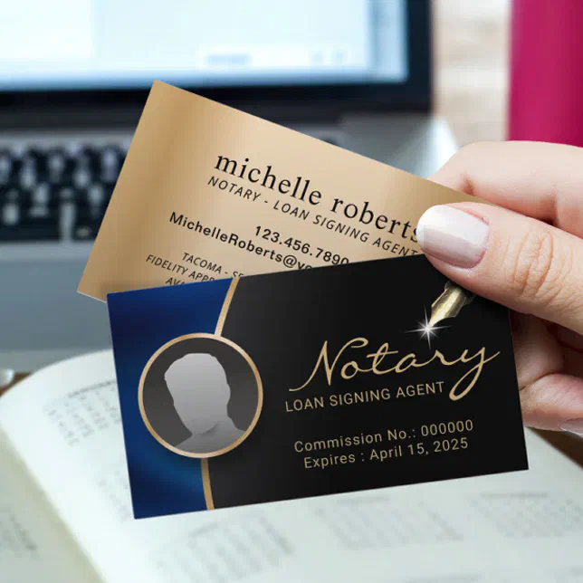 Notary Signing Agent Modern Black & Blue Photo Business Card | Zazzle
