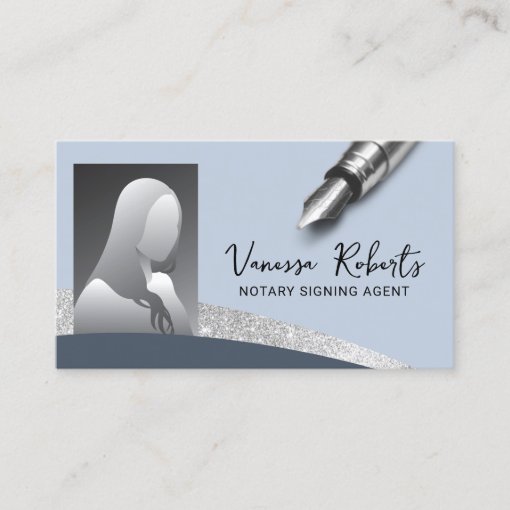Notary Signing Agent Modern Blue & Silver Photo Business Card | Zazzle