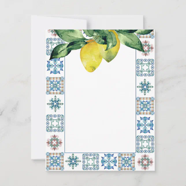 Note Cards Lemons with Blue Amalfi Tile Pattern | Zazzle