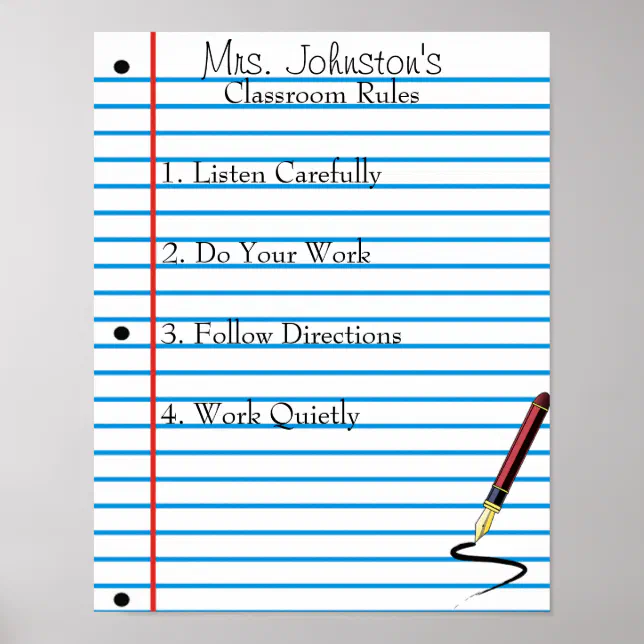 Notebook Paper School Classroom Rules Poster | Zazzle