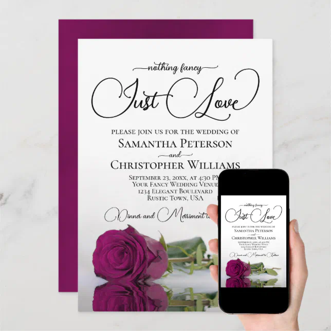 Nothing Fancy Just Love Magenta Berry Rose Wedding Invitation | Zazzle