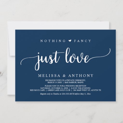 Nothing Fancy Just Love, Navy blue, elopement Invi Invitation | Zazzle