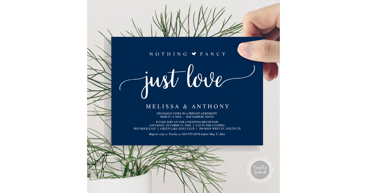 Nothing Fancy Just Love, Navy blue, elopement Invi Invitation | Zazzle