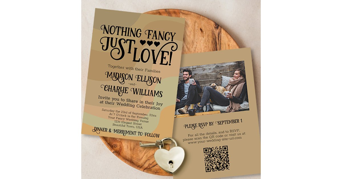 Nothing Fancy Just Love Tan QR Code Photo Wedding Invitation | Zazzle