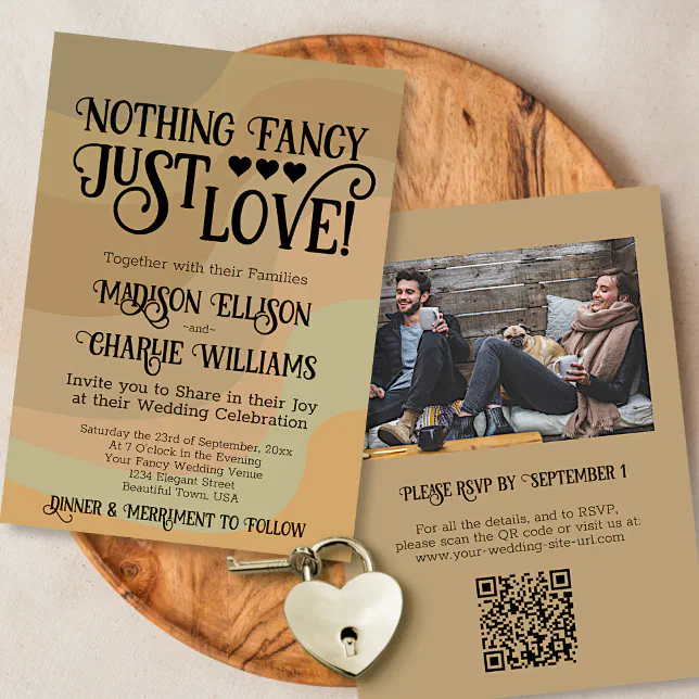 Nothing Fancy Just Love Tan QR Code Photo Wedding Invitation | Zazzle