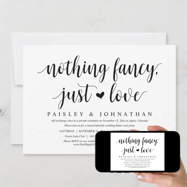 Nothing Fancy, Just Love, Wedding Elopement Party Invitation | Zazzle