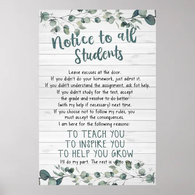 Notice To All Students Poster For Classroom | Zazzle