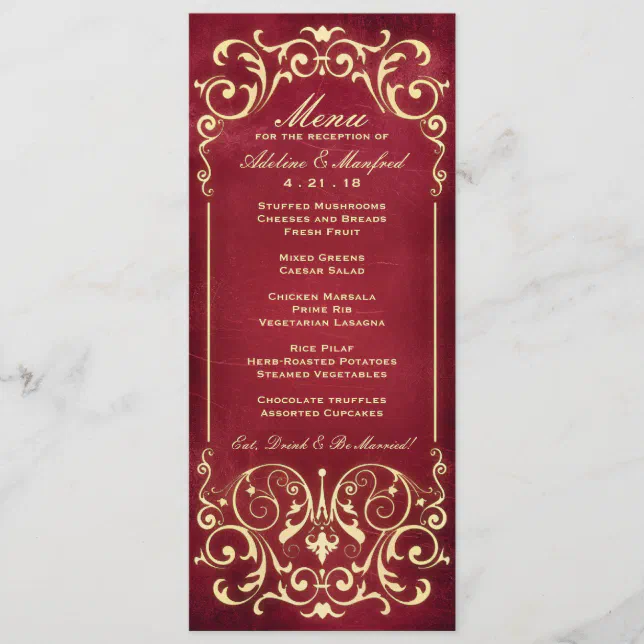 Nouveau Victorian: Red & Gold Wedding Menu | Zazzle