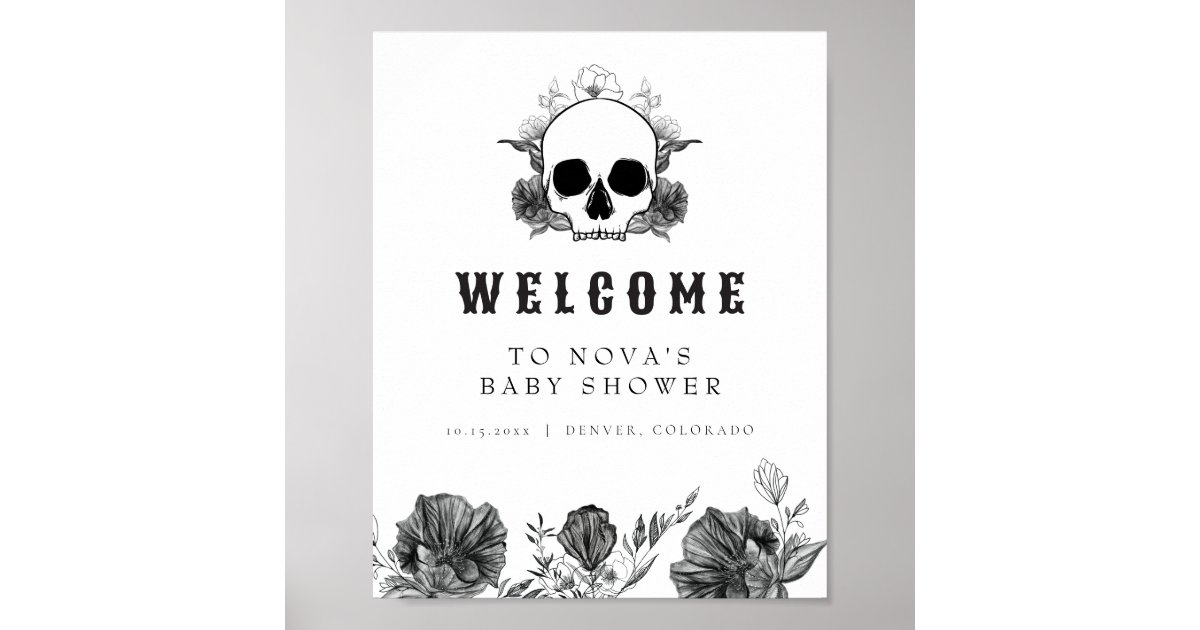 NOVA Gothic Skull Little Boo Baby Shower Welcome Poster | Zazzle