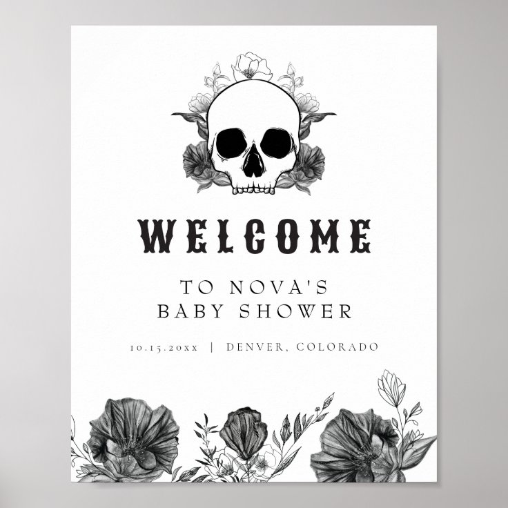 NOVA Gothic Skull Little Boo Baby Shower Welcome Poster | Zazzle