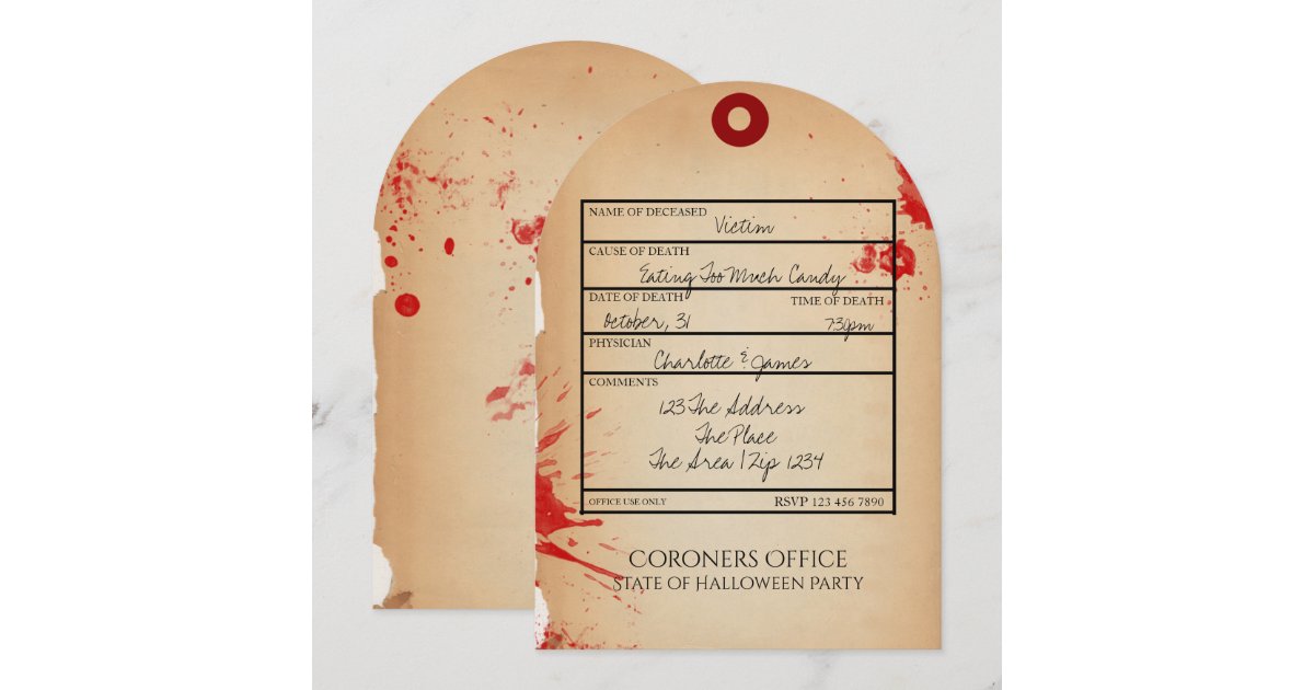 Novelty Halloween Party Toe Tag Coroners Office Invitation | Zazzle